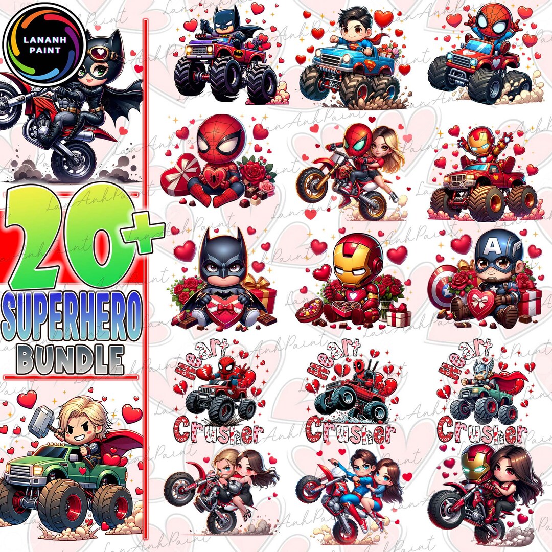 20 Bundle Superhero Valentine Png, Heart Crusher Png, Love Superhero ...