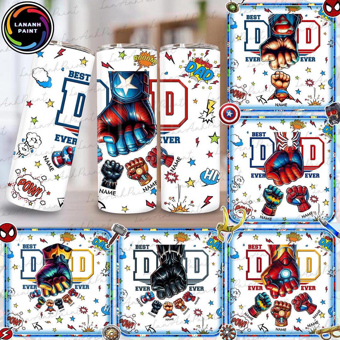 1-6 Hands Superhero Fist Bump Father's Day 20oz Tumbler Wrap Bundle ...