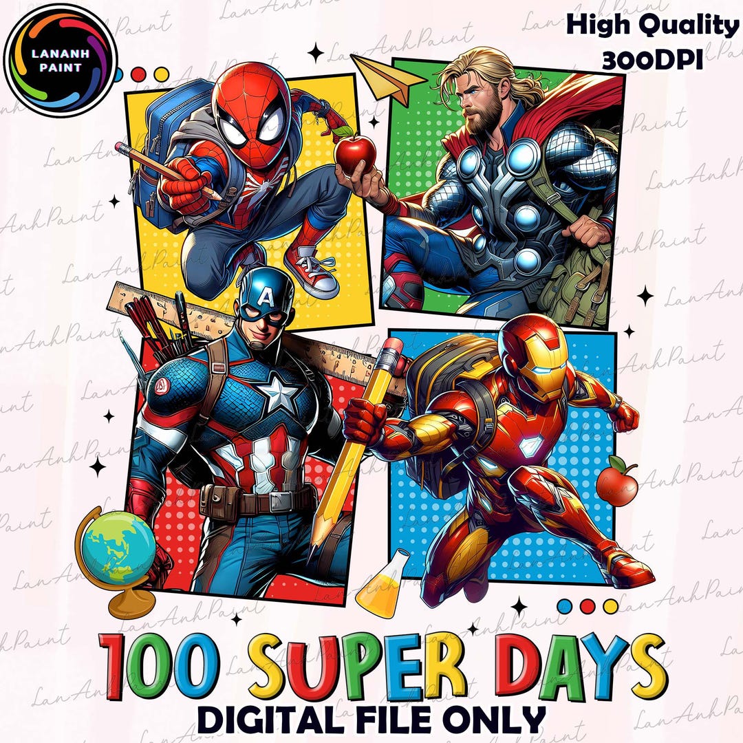 100 Days of School Cartoon Png, Superhero 100 Days of School Png ...