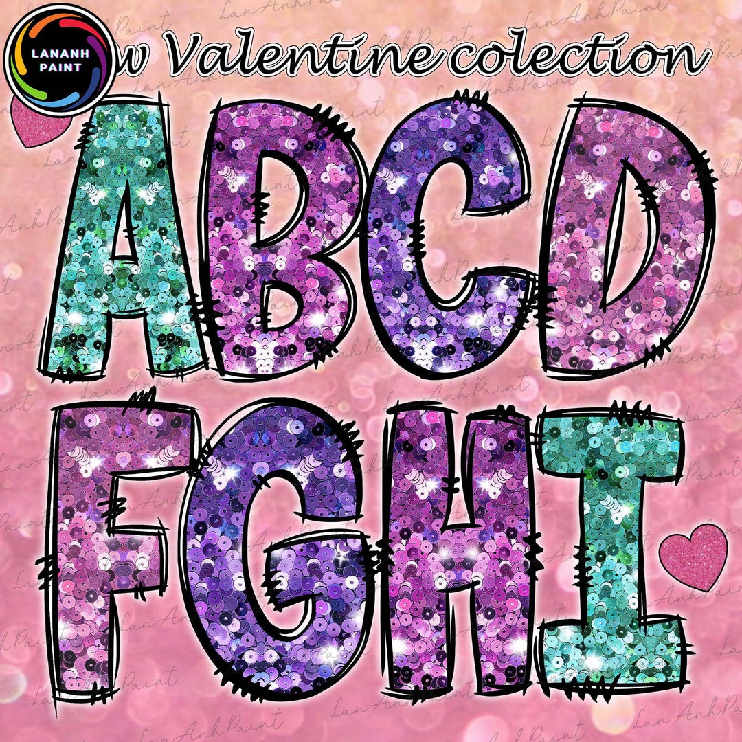 Glitter Valentine Alpha Doodle Set Png Bundle, Valentine Heart ABC ...