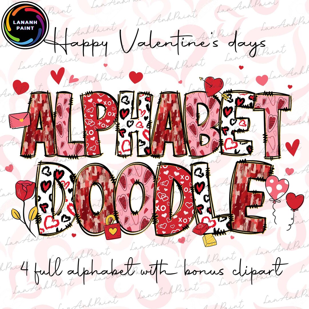 Valentine Heart ABC Alphabet Png Bundle, Pink Valentine Alpha Doodle ...