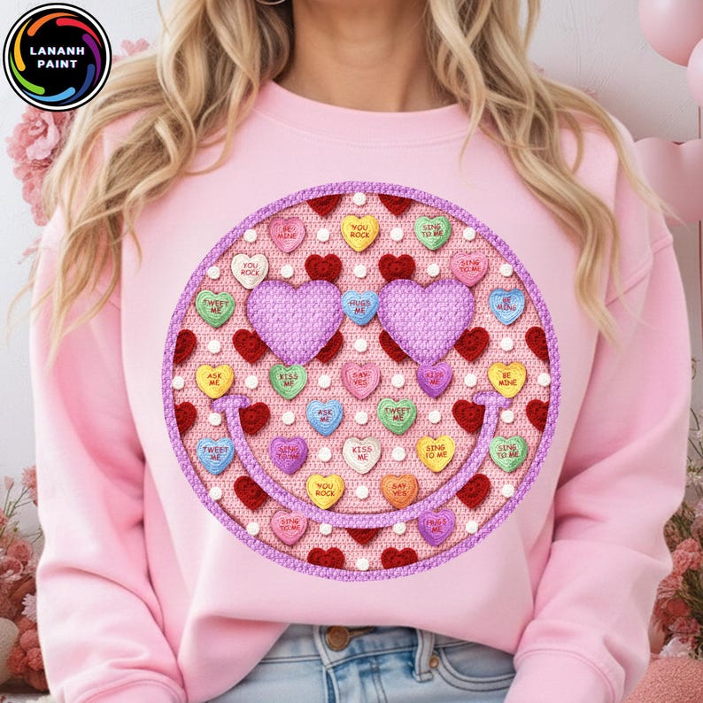 Crochet Smiley Candy Heart Valentine PNG, Faux Yarn Latch Hook Heart ...