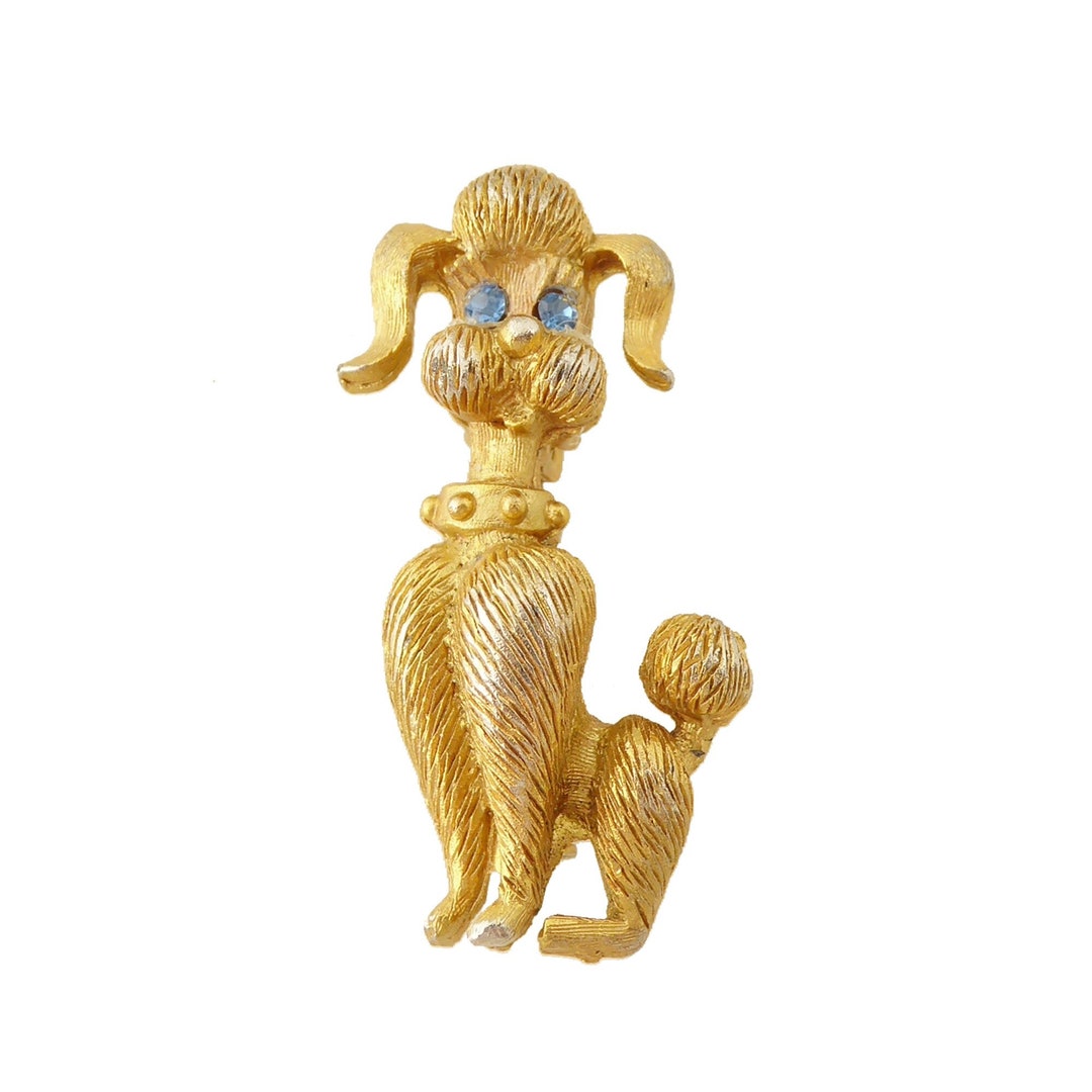 1960s Vintage Brushed Gold Poodle Dog Light Blue Rhinestone Eye Cute ...