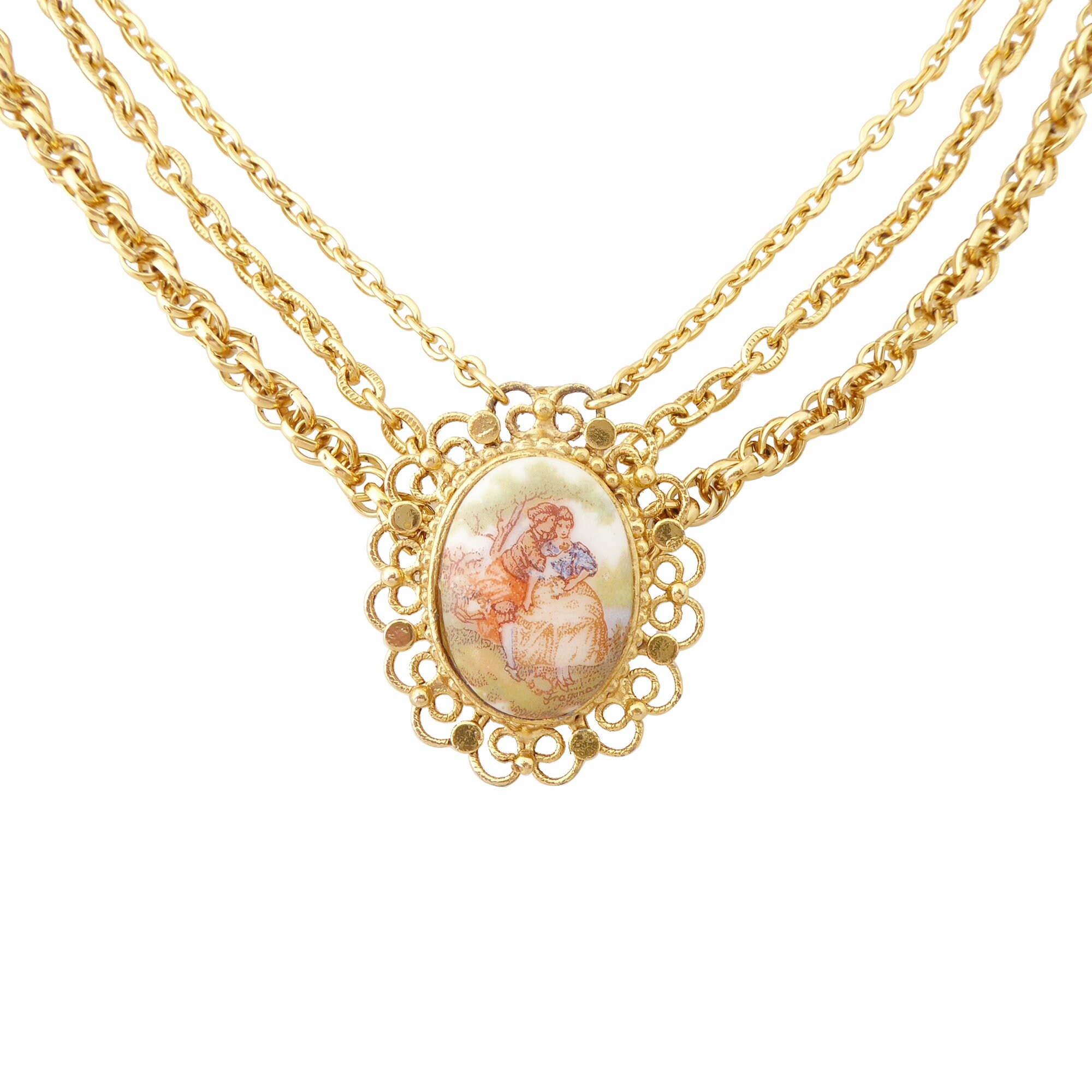 1970s Vintage Fragonard Kissing Couple Cameo Gold Filigree Pendant ...