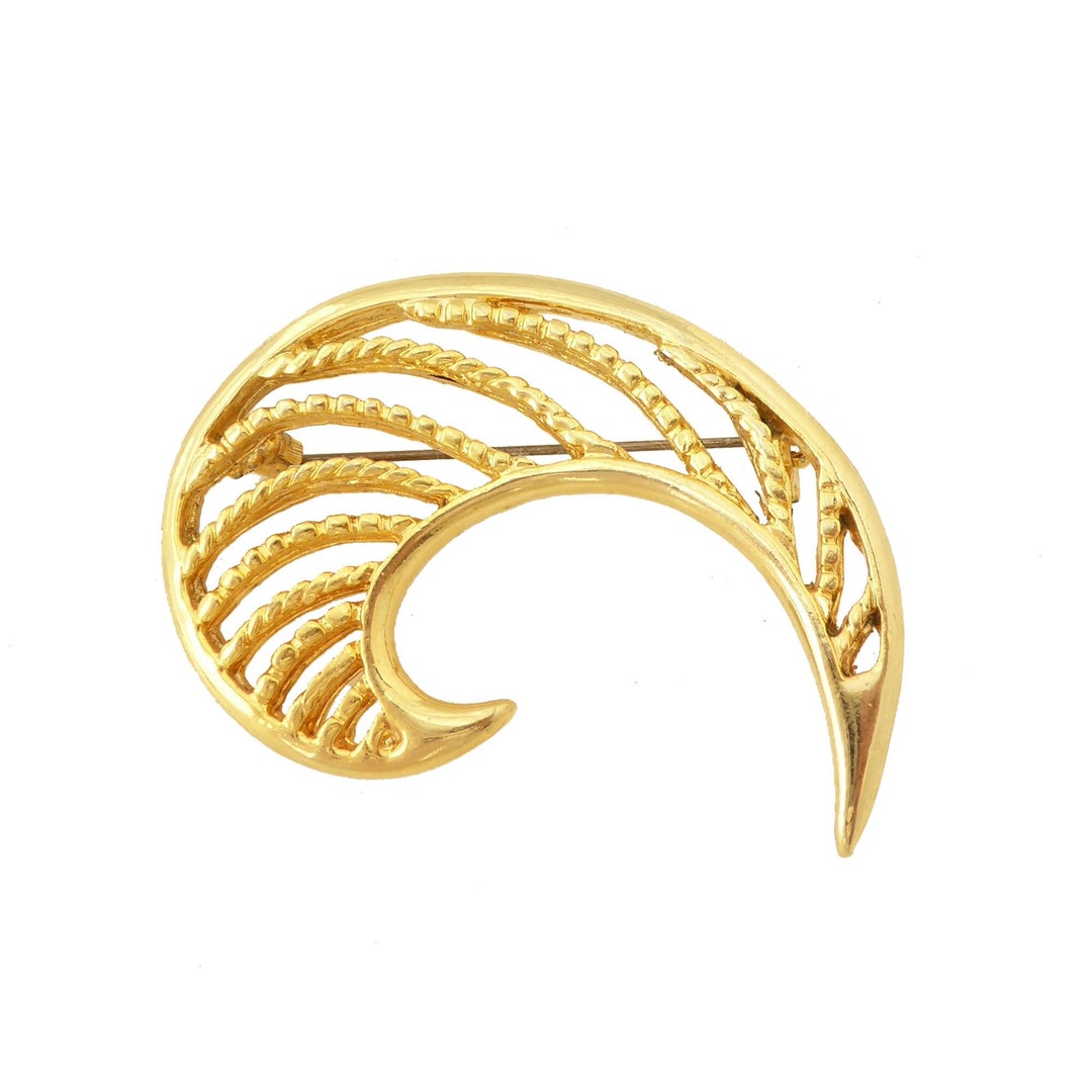 1980s Vintage 2" Gold Cutout Wave Hook Abstract Large Big Chunky Spiky ...