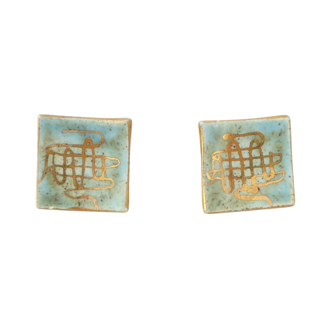 1940s Vintage Gold Squiggle Enamel and Seafoam Blue Square Large Retro ...