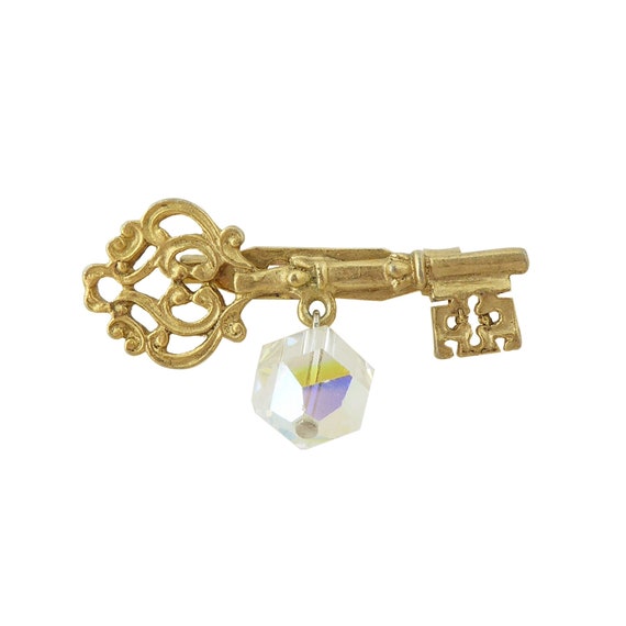 1990s Vintage antique gold key and iridescent glass b… - Gem