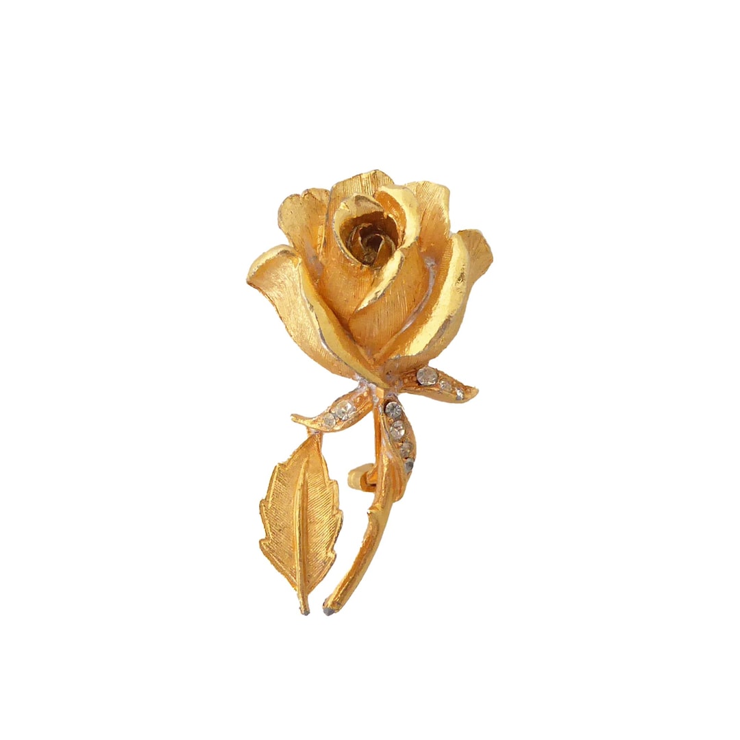 1980s Vintage Gold Rose Flower Rhinestone Sweet Kawaii Floral Large ...