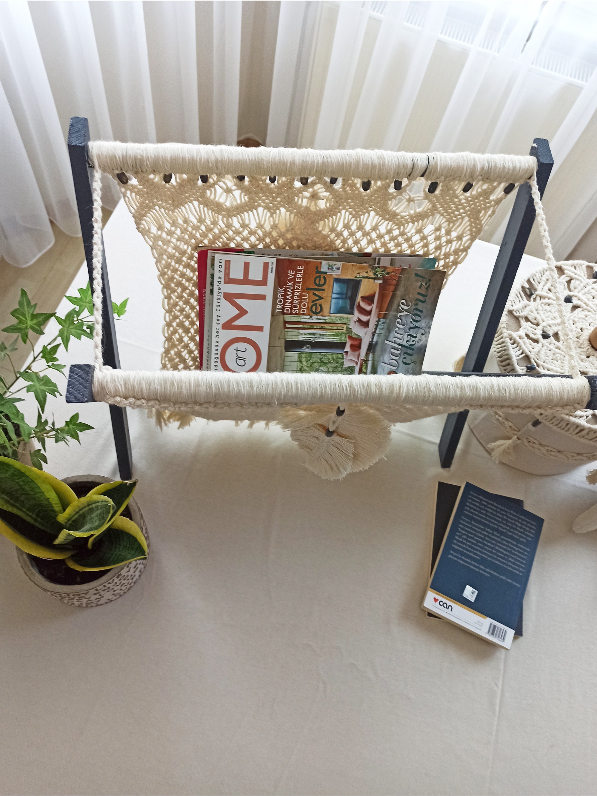 Macrame Newspaper Holder Wooden Magazine Rack Bohemian Style Book ...