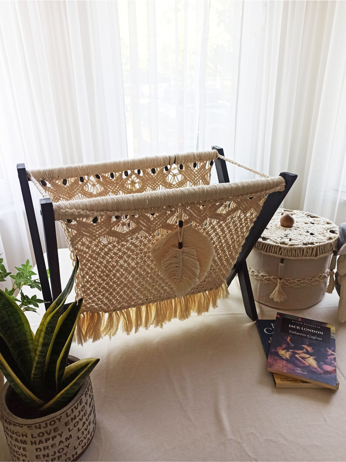 Macrame Newspaper Holder Wooden Magazine Rack Bohemian Style Book ...
