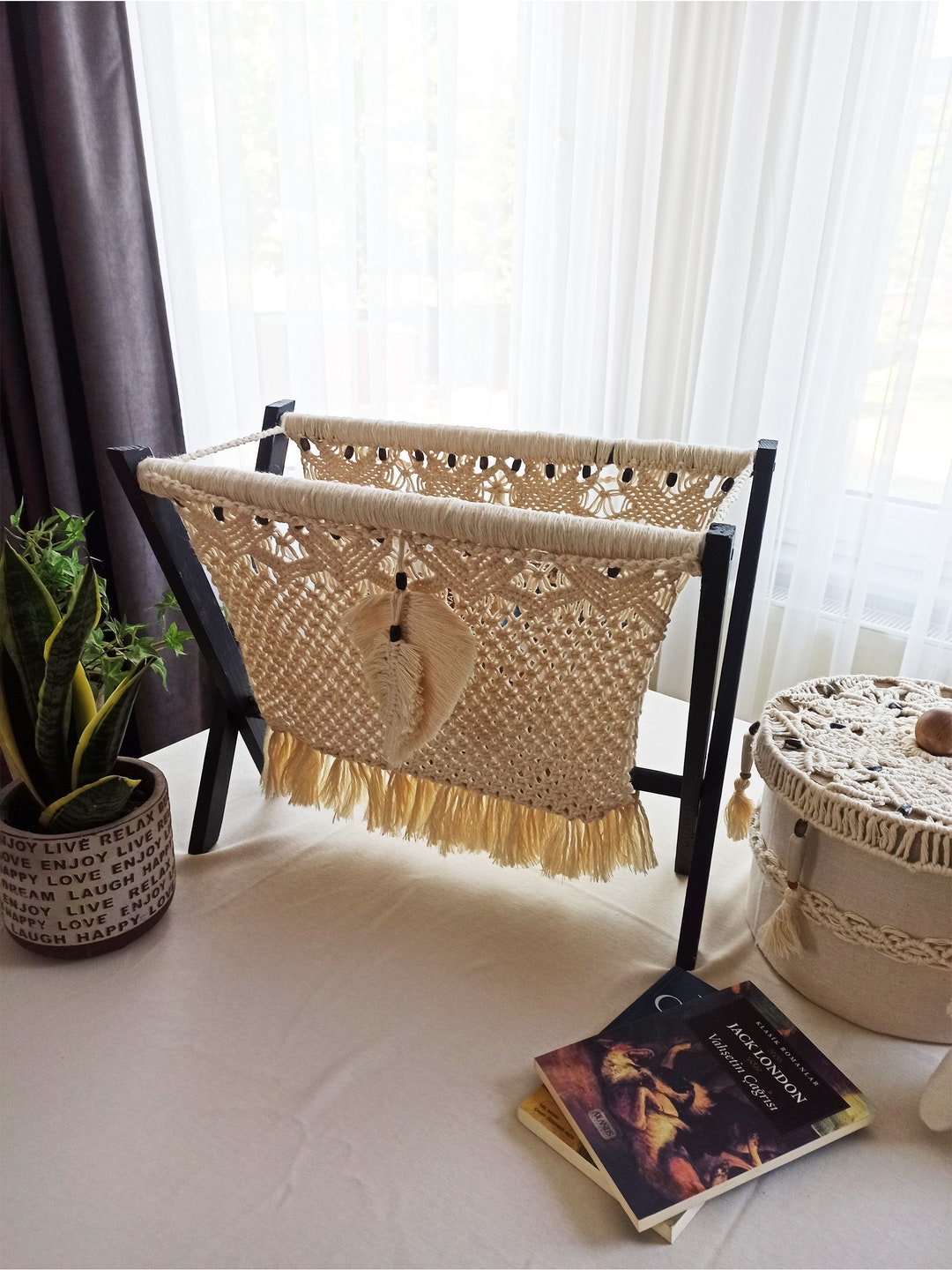 Macrame Newspaper Holder Wooden Magazine Rack Bohemian Style Book ...