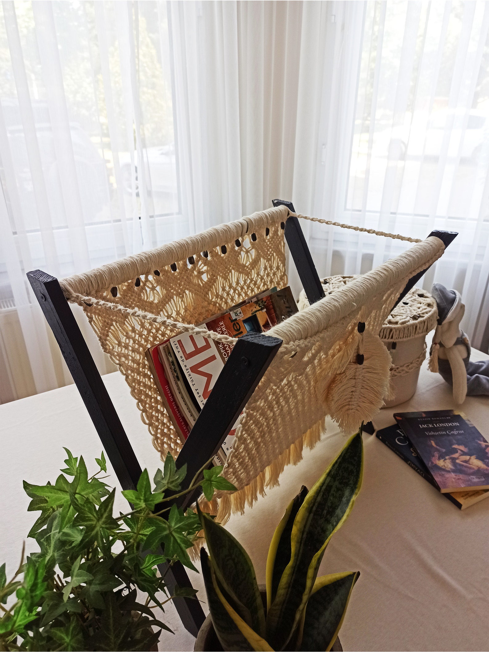 Macrame Newspaper Holder Wooden Magazine Rack Bohemian Style Book ...