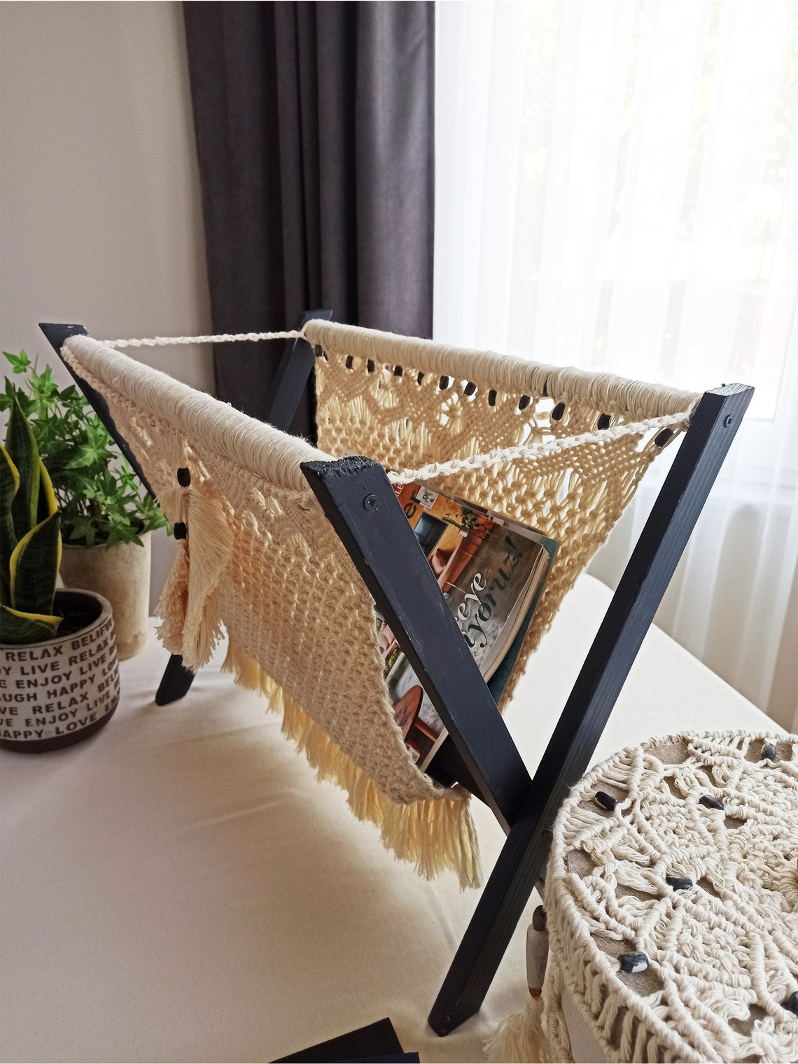 Macrame Newspaper Holder Wooden Magazine Rack Bohemian Style Book ...