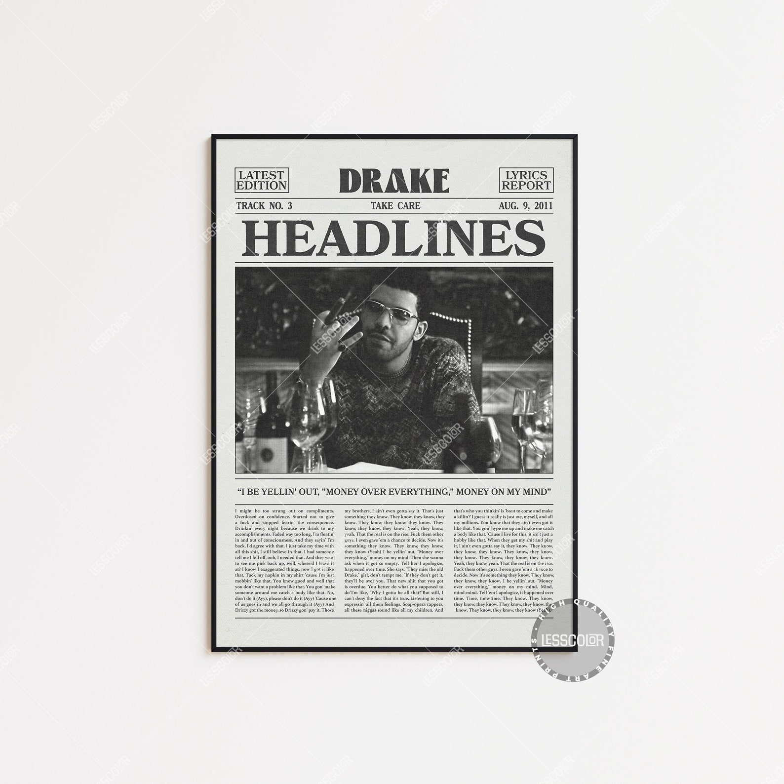 Drake Retro Newspaper Print, Headlines Poster, Headlines Lyric Print ...