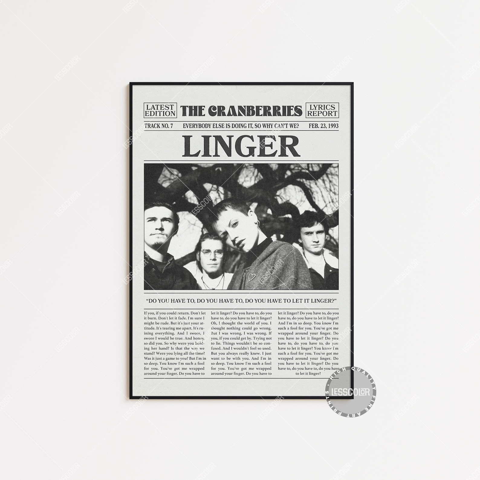 The Cranberries Retro Newspaper Print, Linger Poster, Linger Lyrics ...