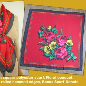 33 Inch Square Polyester Scarf, Red, Pink, Yellow, Green Floral Bouquet ...