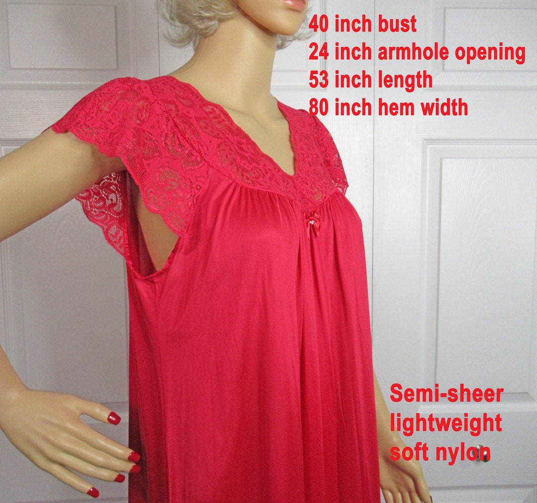 Sz Small 40 Inch Bust Shadowline Nightgown, Red Nylon, Lace Yoke and ...