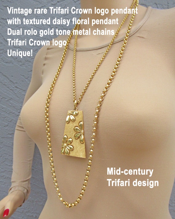 Vintage rare Trifari Crown logo chain necklace w/ tex… - Gem