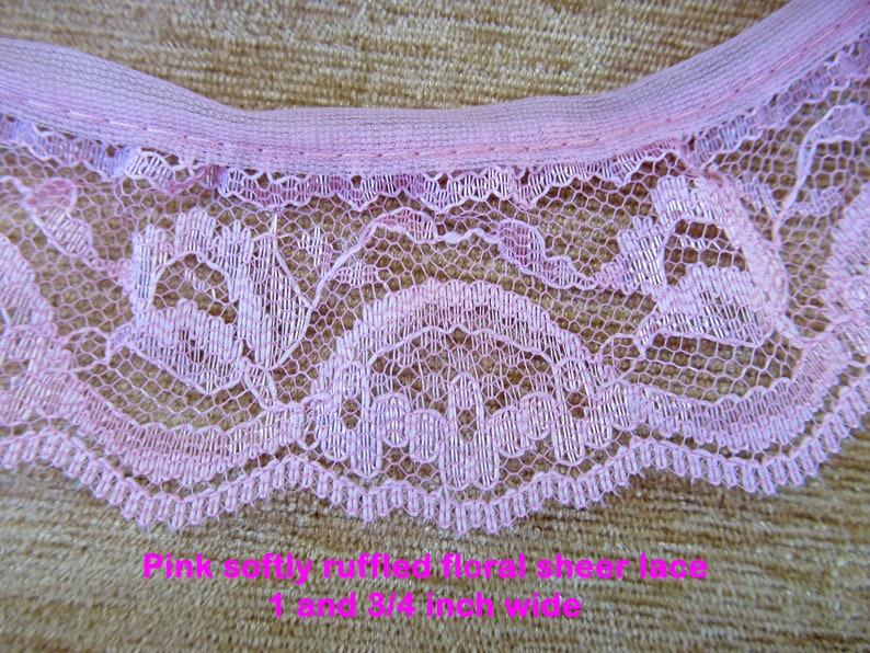 2.5 Yards Sheer Softly Ruffled Lace Trim, Pink Floral, 1 and 3/4 Inch ...