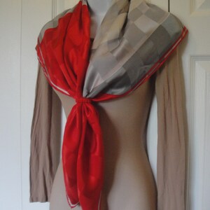 Silk 34 Inch Square Scarf, Red and Gray Block Spectacular Design, Hand ...