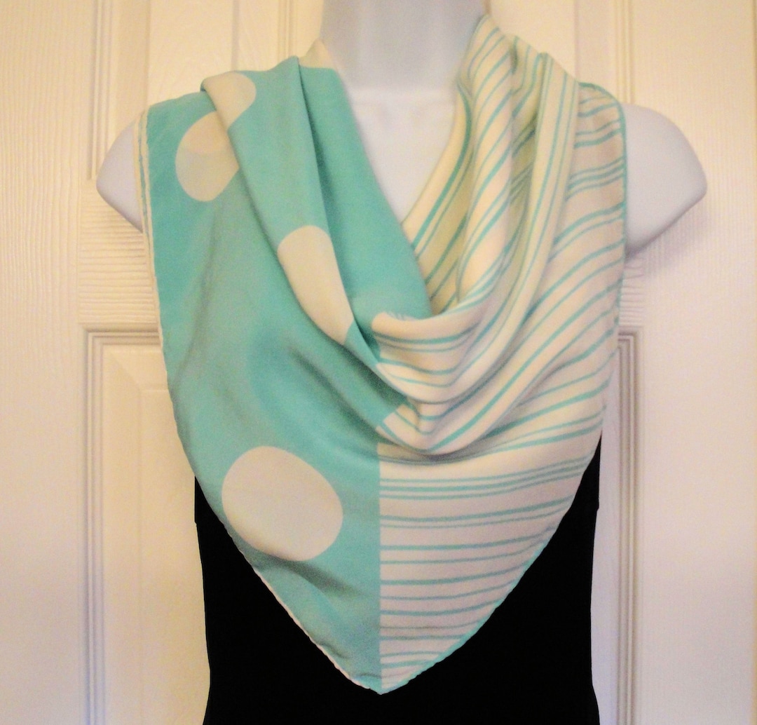 34 Inch Square Scarf, Teal and Cream Polka Dot Plus Linear Design ...