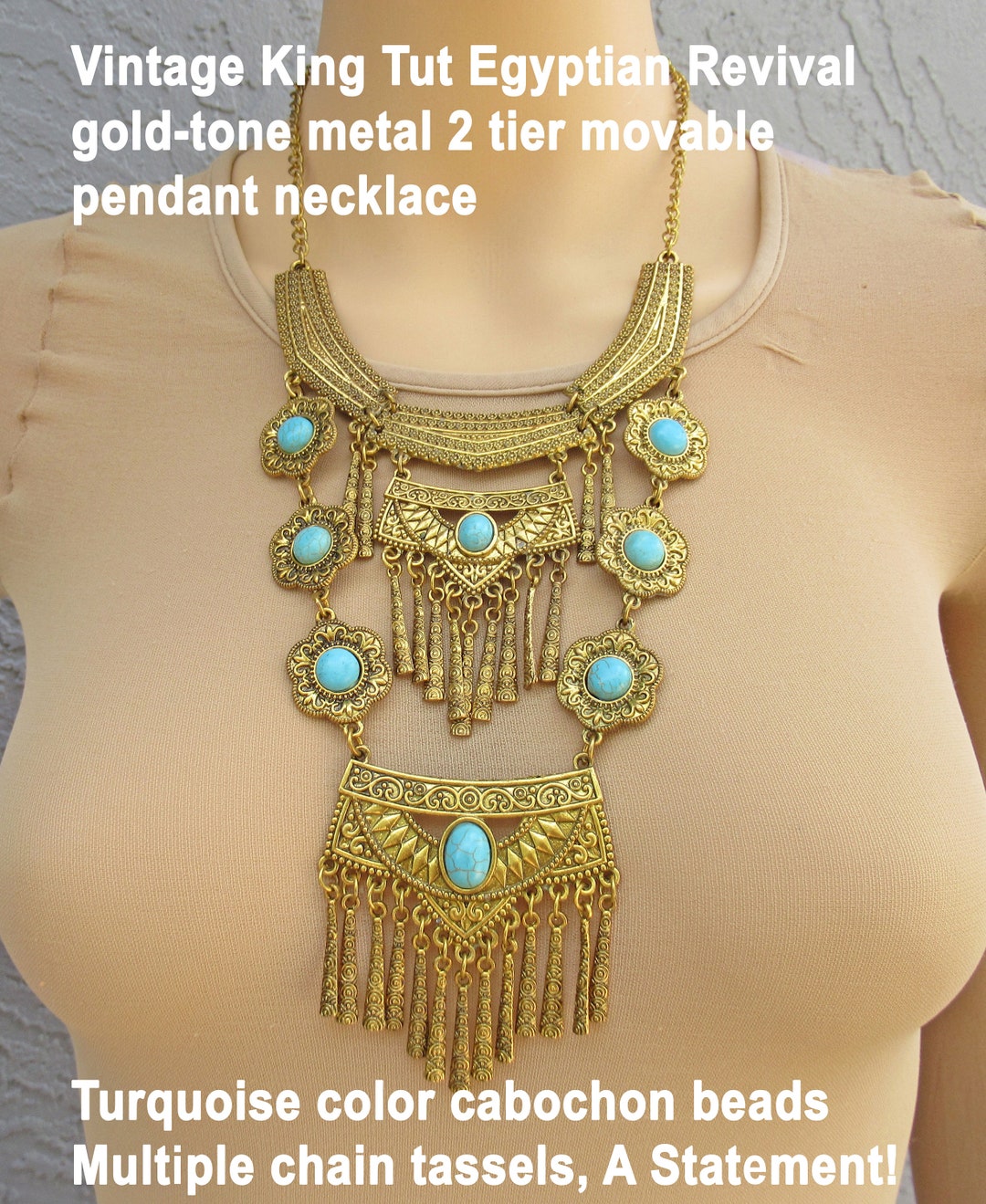 VTG Egyptian Revival King Tut Style Gold-tone Metal 2 Tier Pendant ...