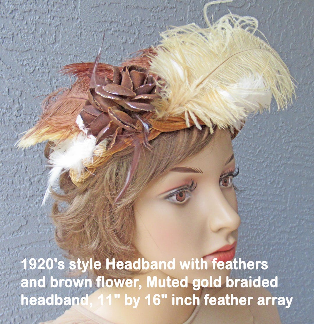 1920's Style Headband With Feathers & Brown Flower, Beige, White, Brown ...