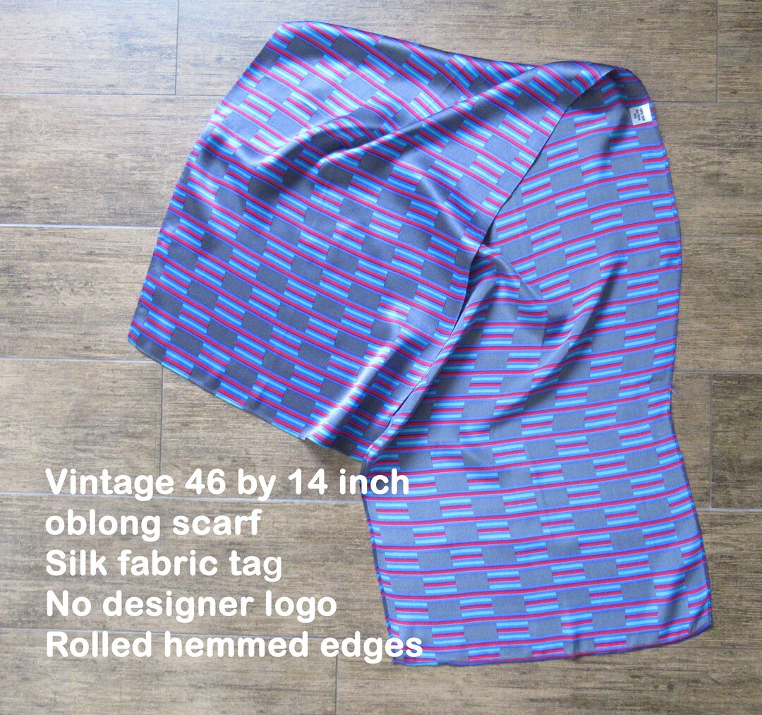 VTG 46 by 14 Inch Oblong Scarf, Blue, Teal, Red Grid Pattern, Silk ...