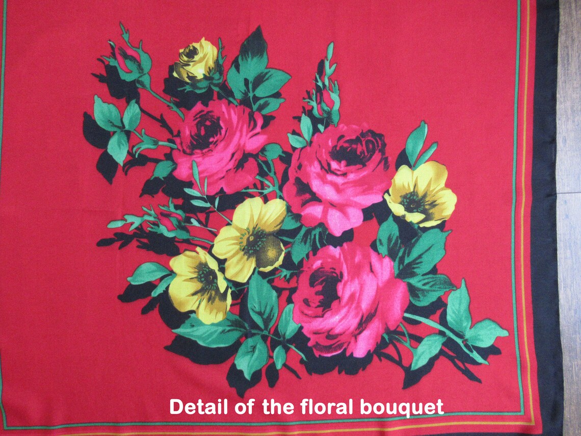 33 Inch Square Polyester Scarf, Red, Pink, Yellow, Green Floral Bouquet ...