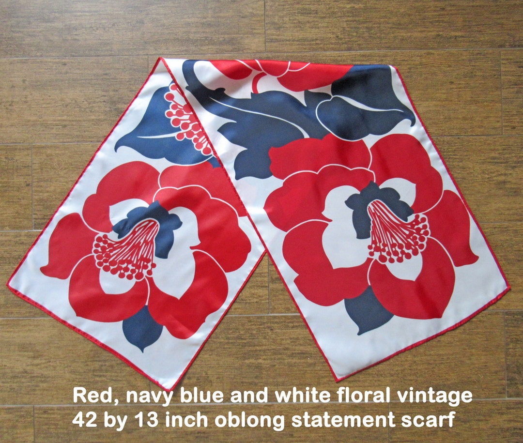 Red, Navy Blue and White Floral Vintage 42 by 13 Inch Oblong Statement ...