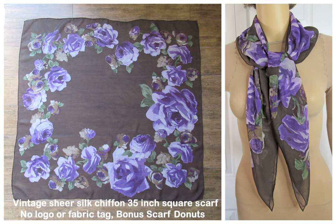 VTG Sheer Silk Chiffon 35 Inch Square Scarf, Large Purple Roses With ...