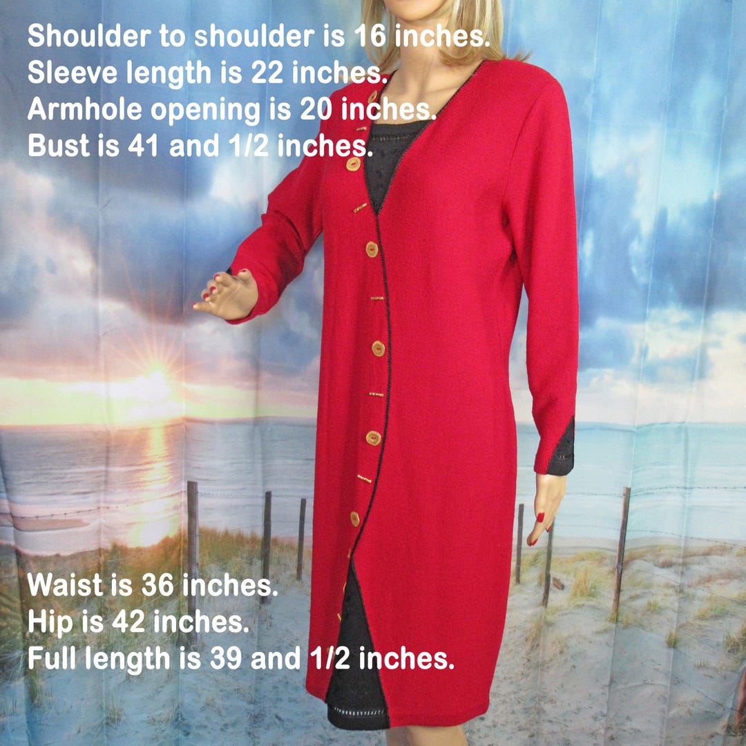 41 Bust Steve Fabrikant Knit Dress, Festive Red! Decorative Gold Tone ...