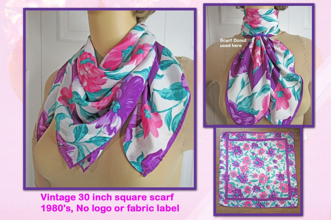 Vintage 30 Inch Square Scarf, Purple, Pink Flowers With Green Stems on ...