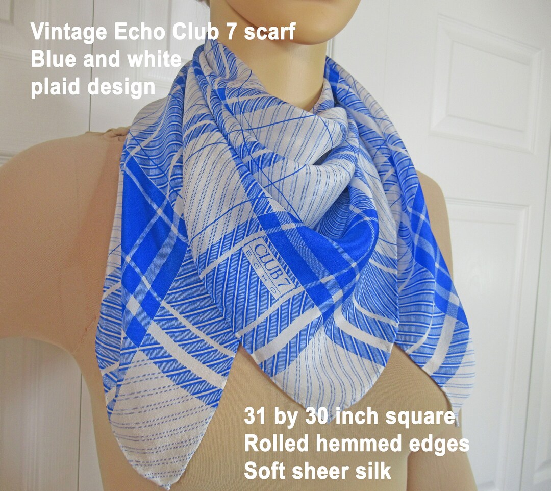 Vintage Echo Club 7 Scarf, Blue and White Plaid Design, 31 by 30 Inch ...