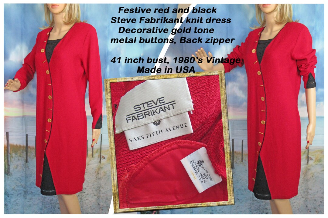 41 Bust Steve Fabrikant Knit Dress, Festive Red Decorative Gold Tone ...