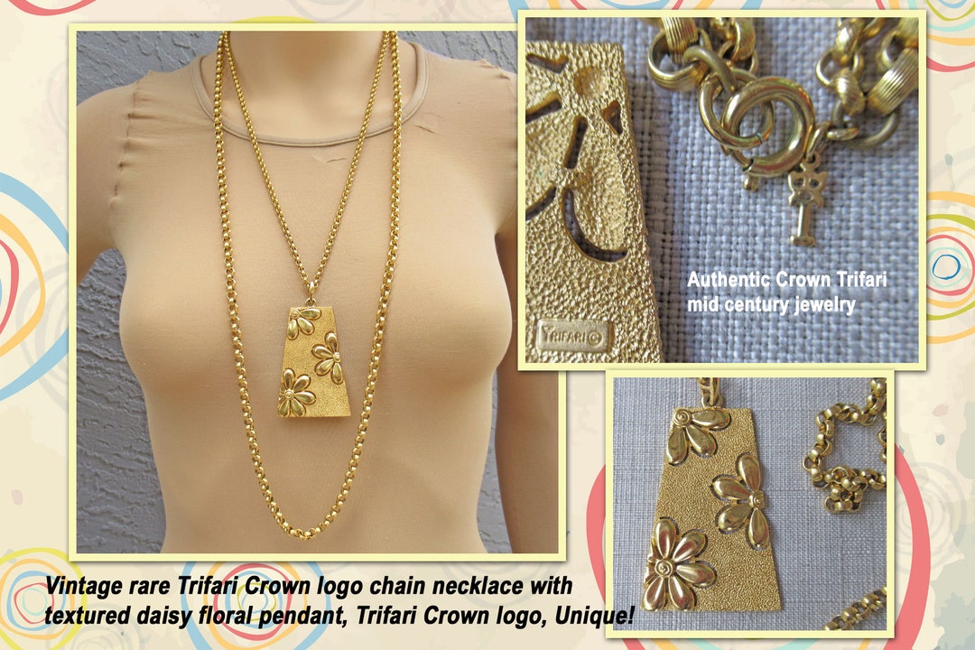 Vintage Rare Trifari Crown Logo Chain Necklace W/ Textured Daisy Floral ...