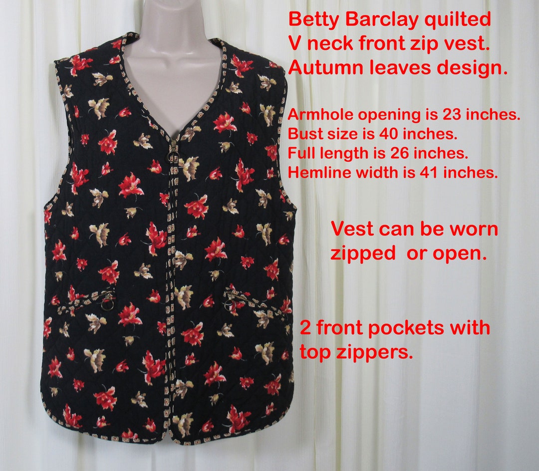 40 Inch Bust Quilted Vest, Betty Barclay, Autumn Leaves on Black, Zip ...