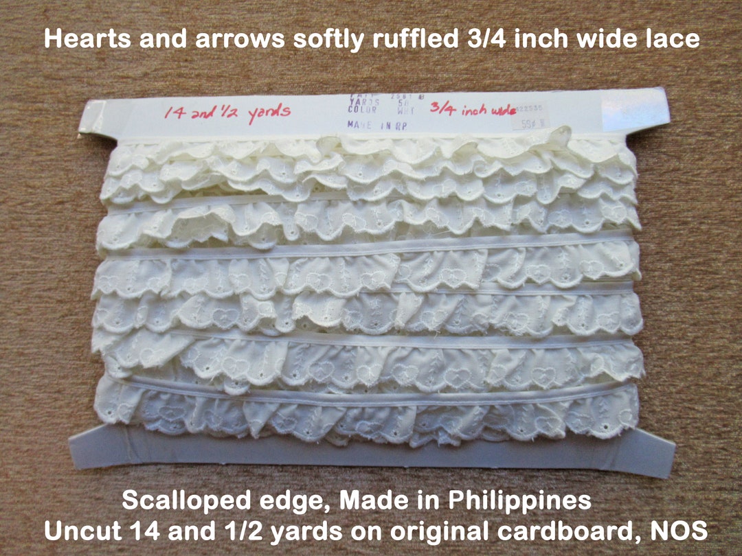 14 Plus Yards Softly Ruffled Lace, Hearts & Arrows 3/4 Inch Wide White ...