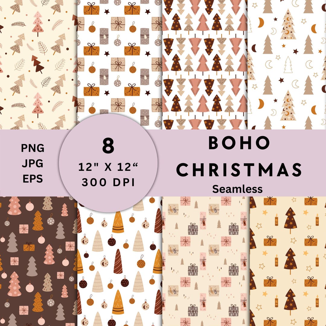 Boho Christmas Digital Paper Set, Christmas Seamless Pattern, Holidays ...