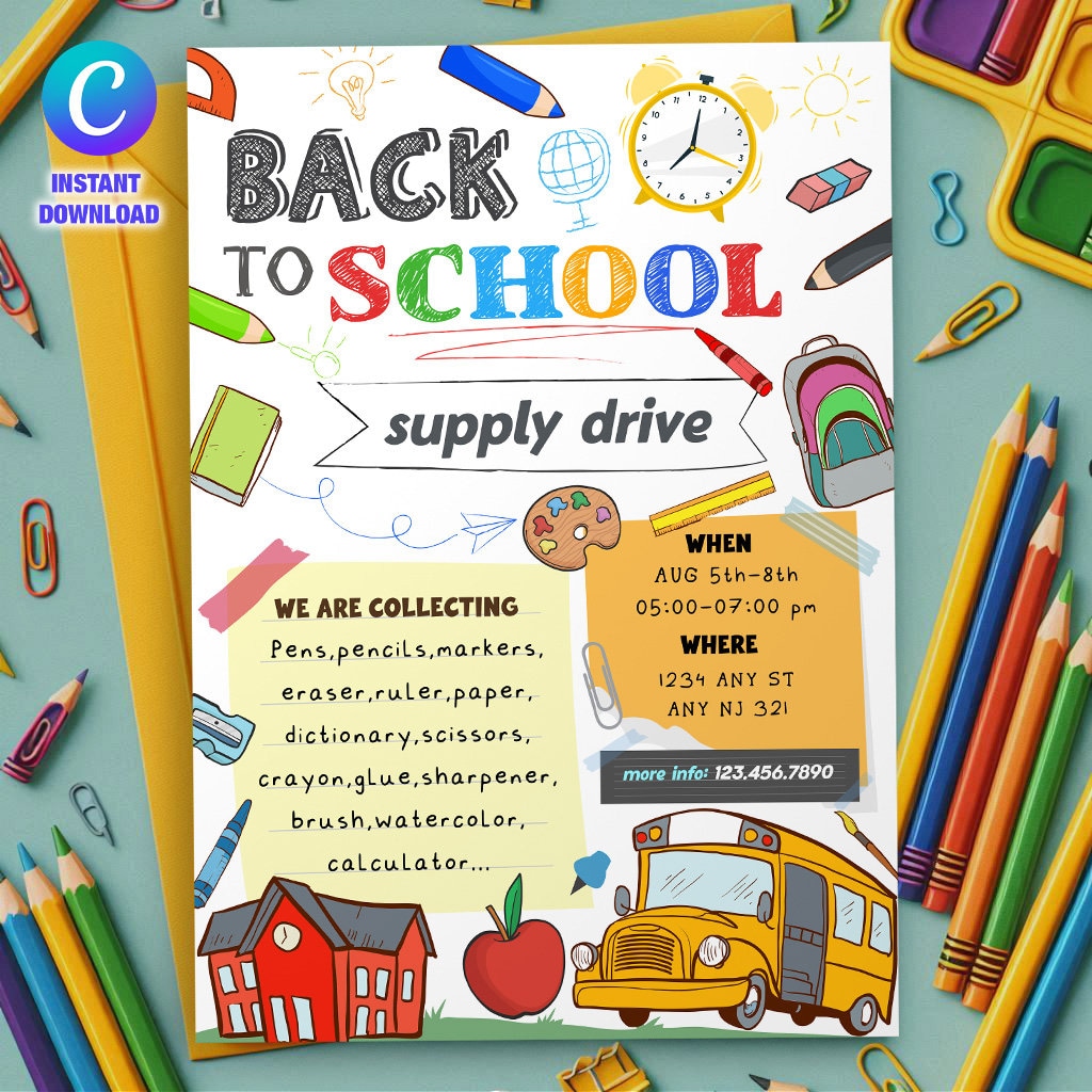Editable School Supply Drive Flyer, Back to School Drive Flyer, School ...