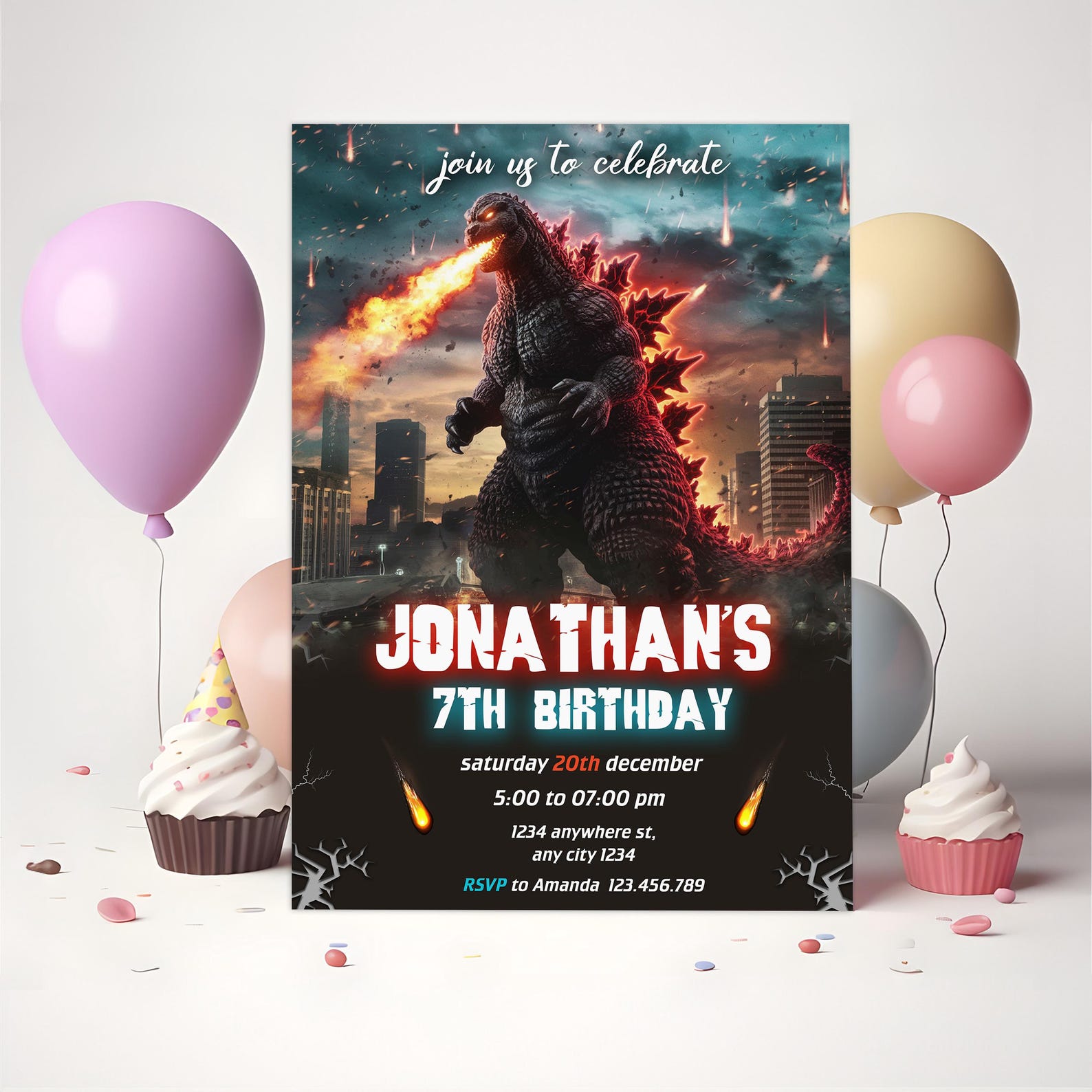 Godzilla Invitation, Godzilla Boys Editable Birthday Invitation ...