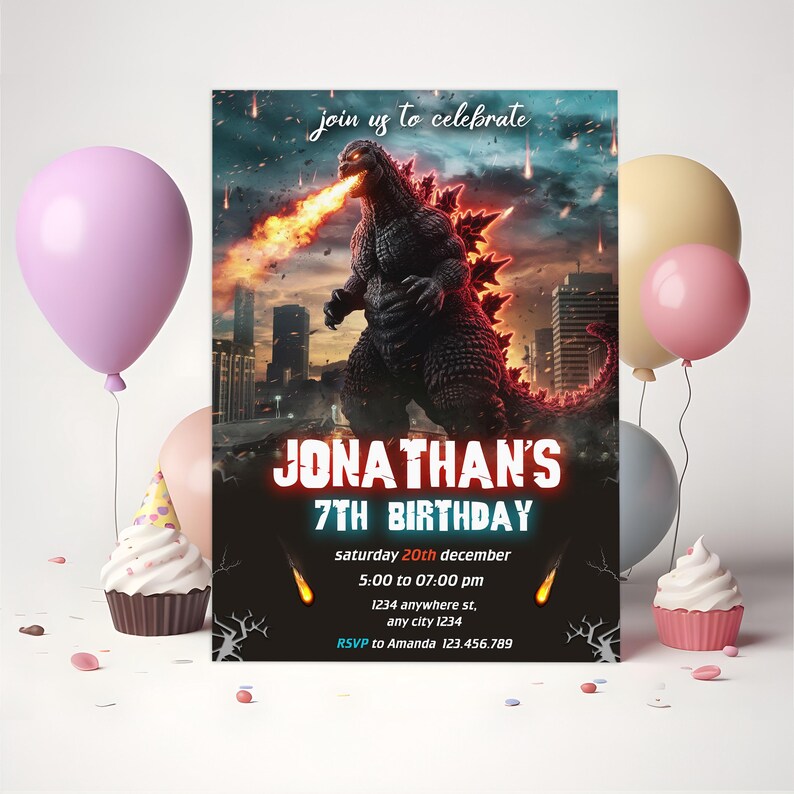 Godzilla Invitation, Godzilla Boys Editable Birthday Invitation ...