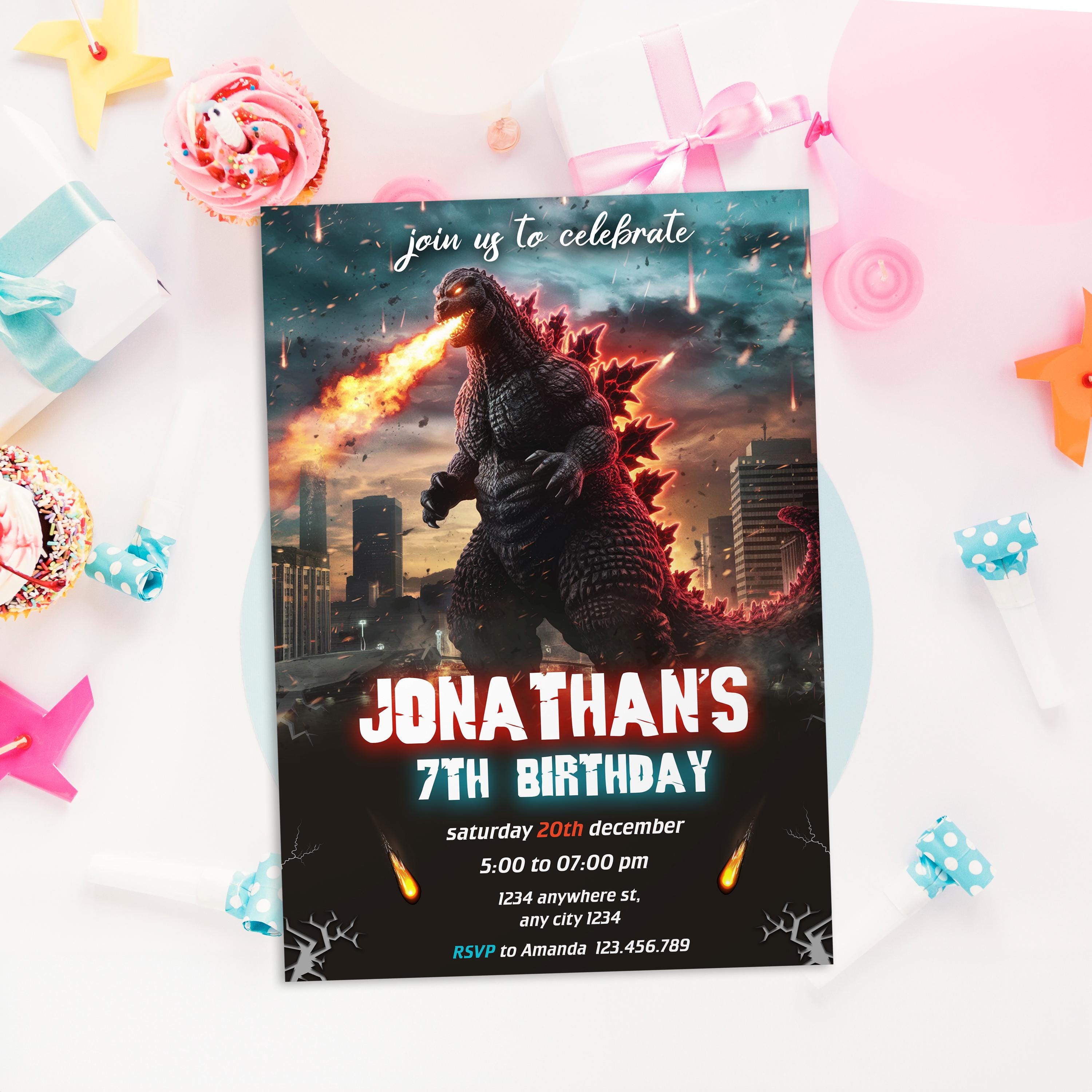 Godzilla Invitation, Godzilla Boys Editable Birthday Invitation ...