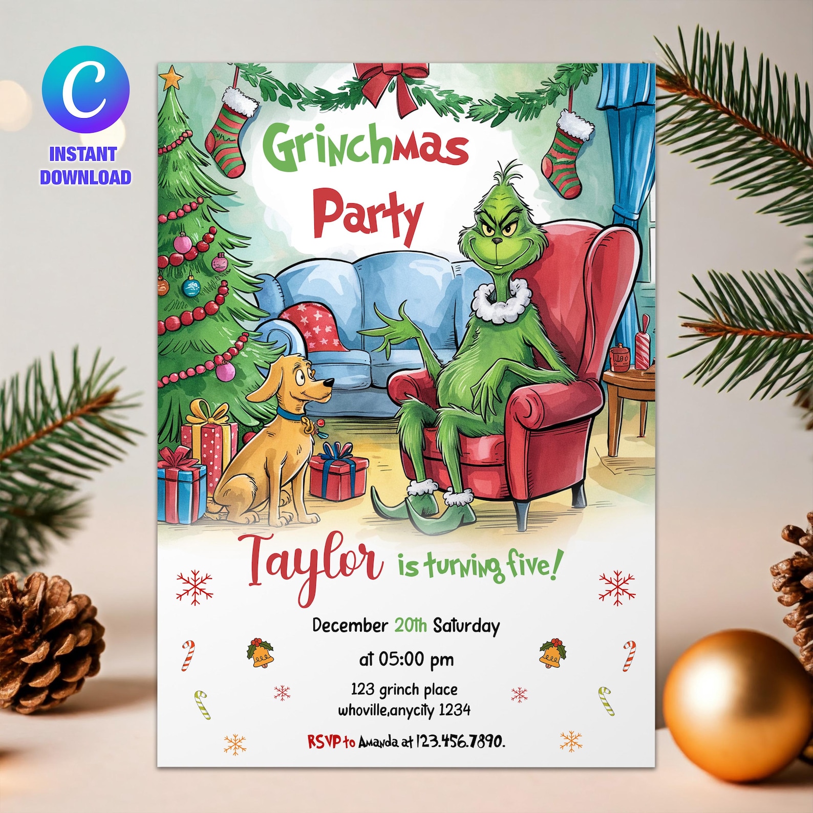 Merry Grinchmas Party Invitation, Editable Winter Invite, Printable ...