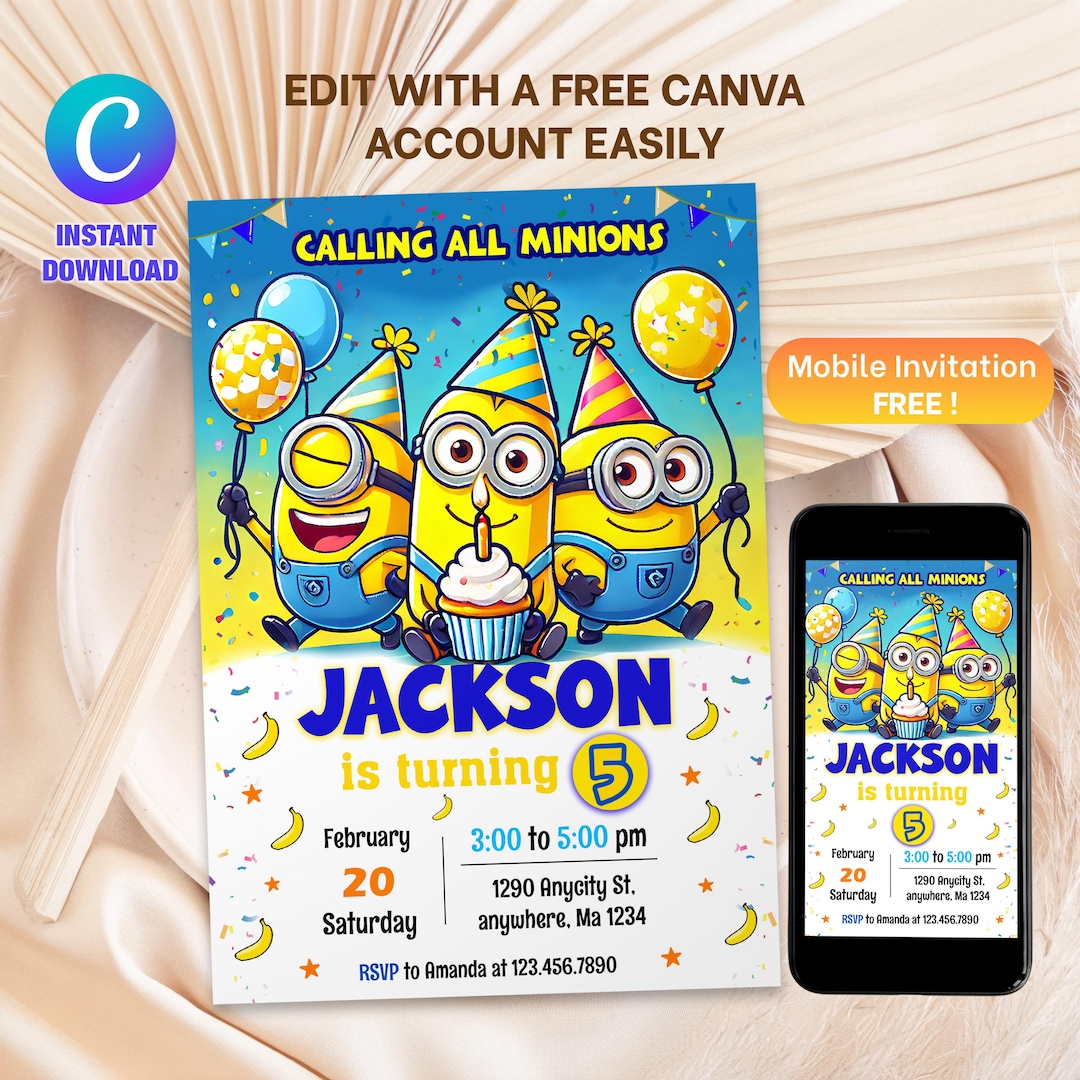 Editable Minion Birthday Invitation Template, Printable Birthday Party ...
