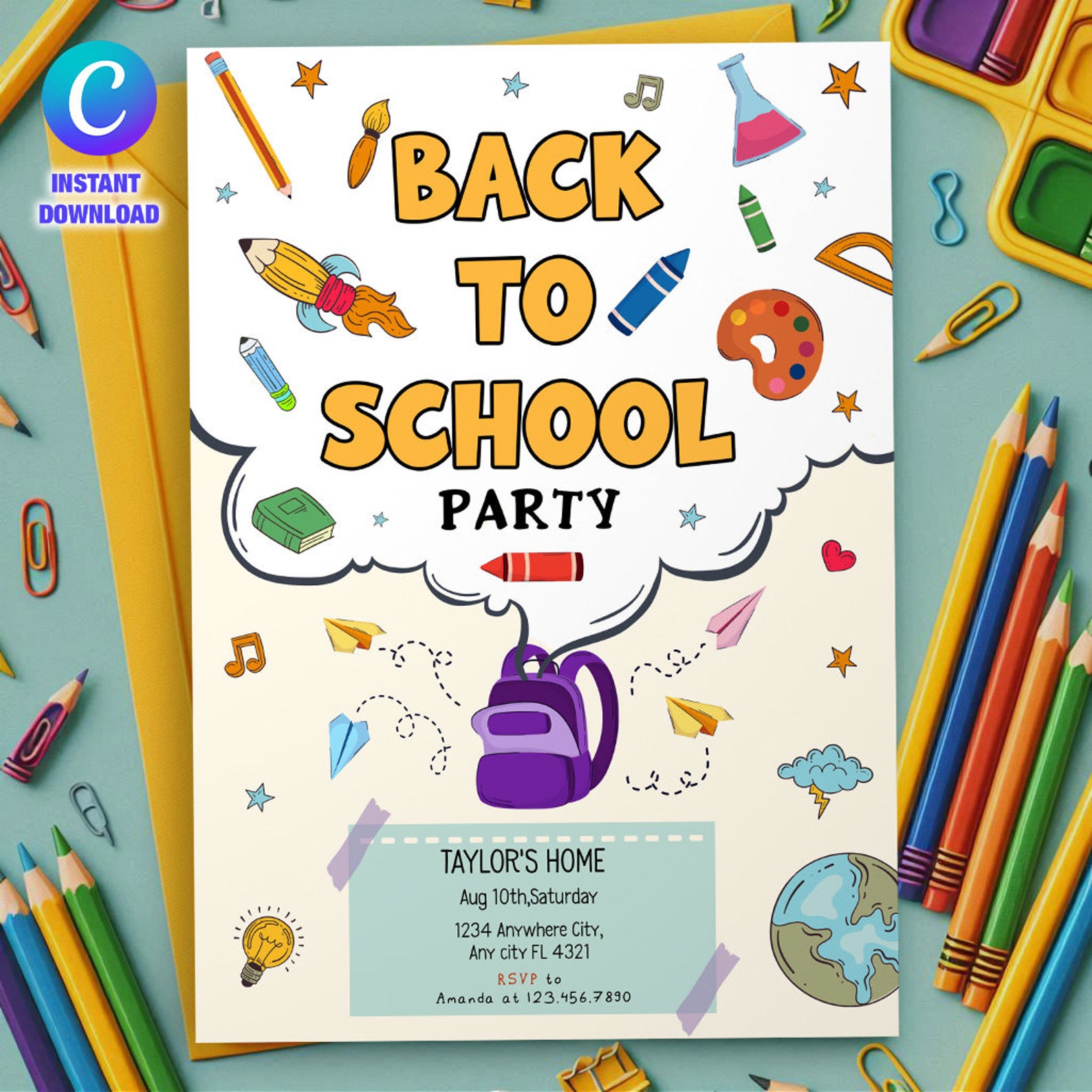 Editable Back to School Party Invitation Template, Back to School Invitation, Kids Summer Party ...