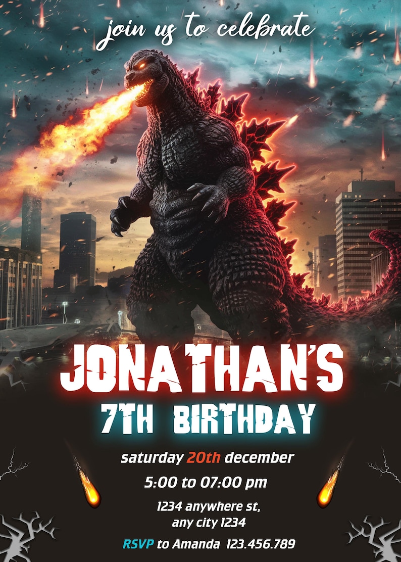 Godzilla Invitation, Godzilla Boys Editable Birthday Invitation ...