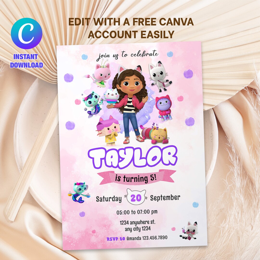 Editable Gabbys Dollhouse Birthday Invitation Template, Printable ...