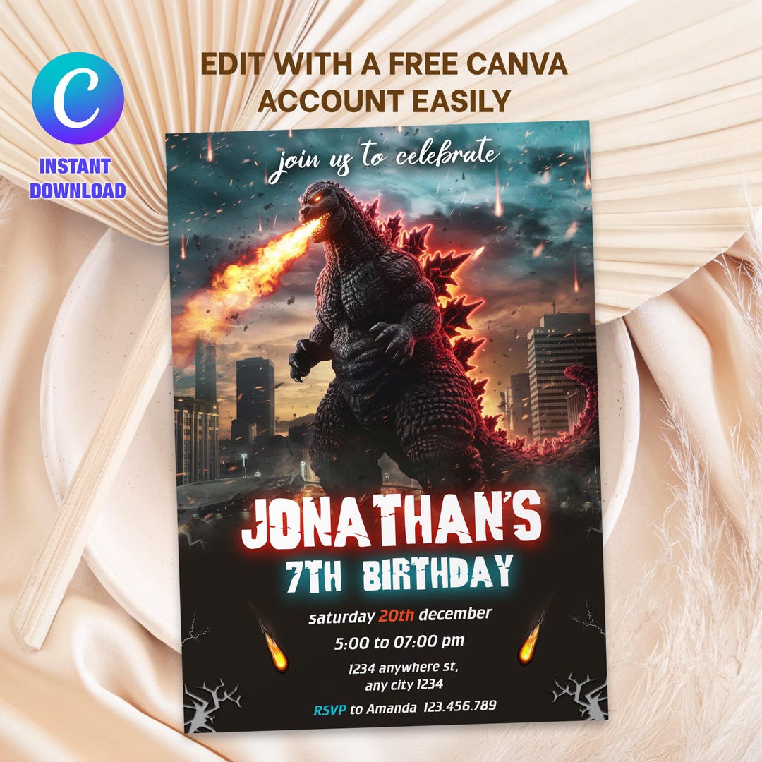 Godzilla Invitation, Godzilla Boys Editable Birthday Invitation ...