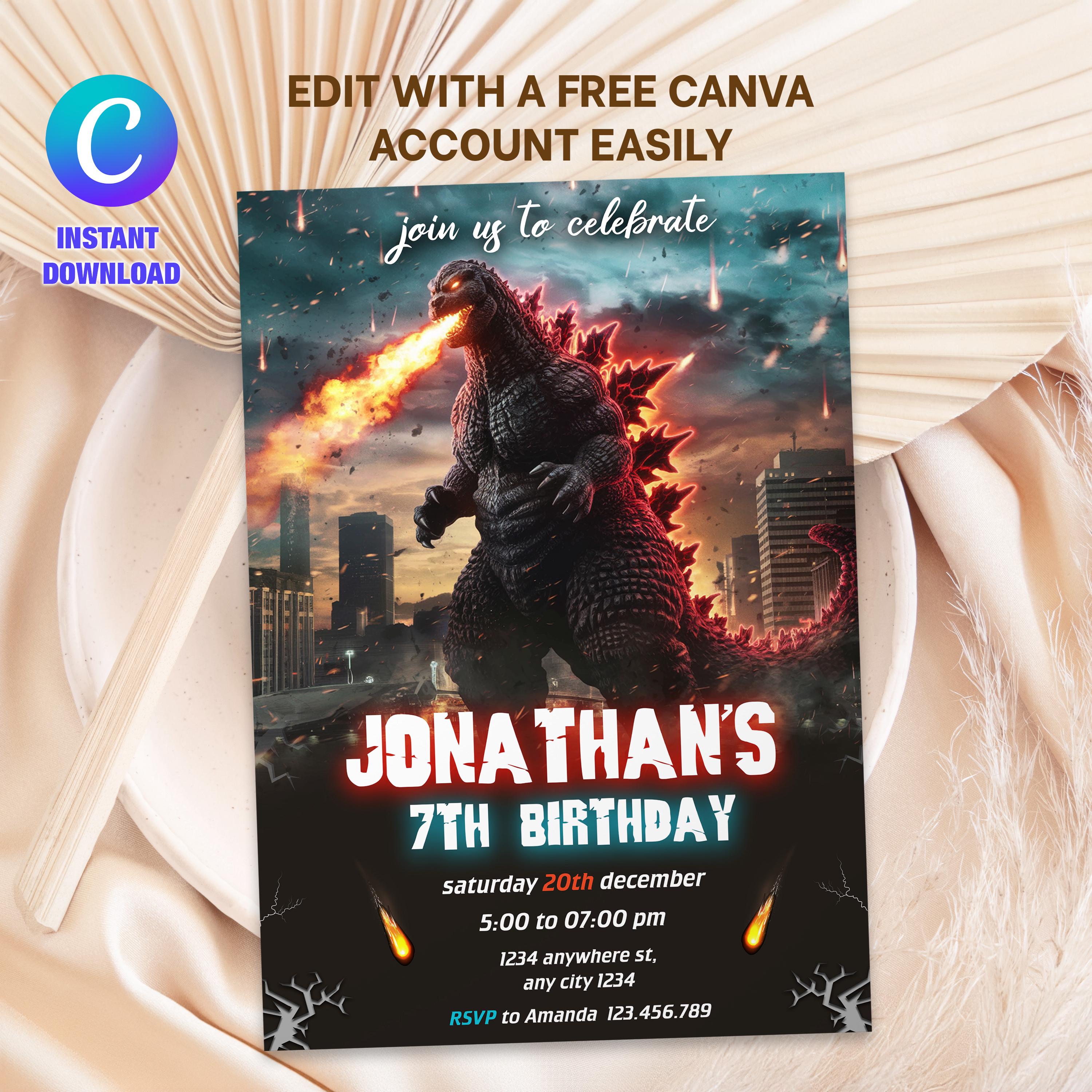 Godzilla Invitation, Godzilla Boys Editable Birthday Invitation ...